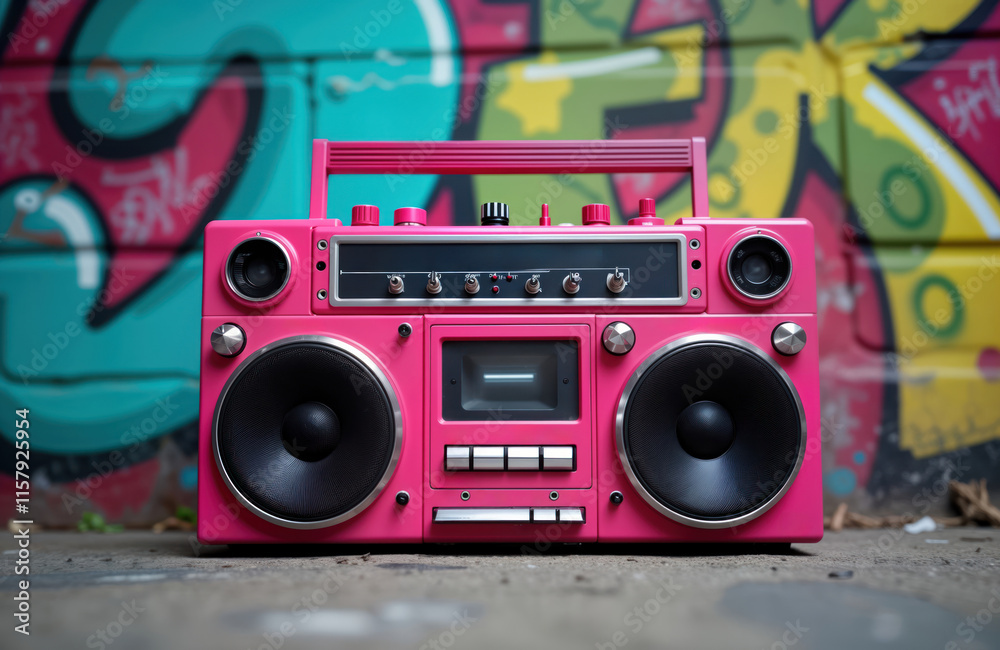 Pink ghetto blaster sits outdoors urban background with colorful ...