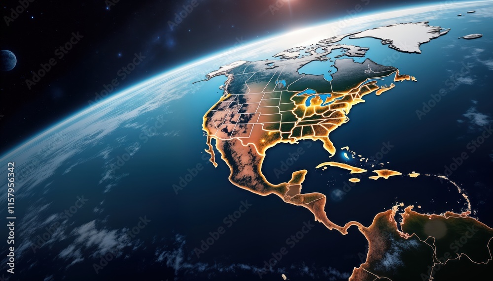 Satellite view of North America USA Canada Mexico, Central America ...