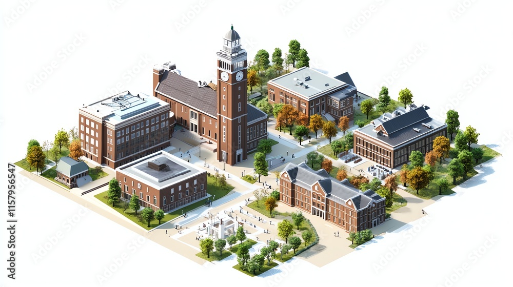 A detailed isometric view of a modern university campus, featuring ...