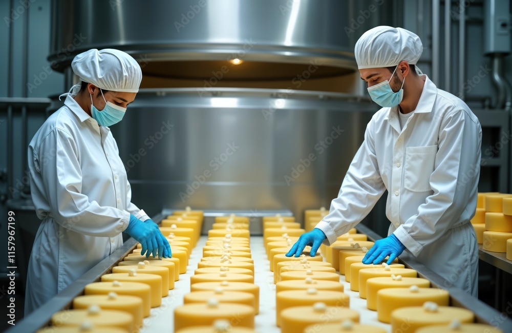 Workers in dairy factory process cheese. Wear protective gear. Scene ...