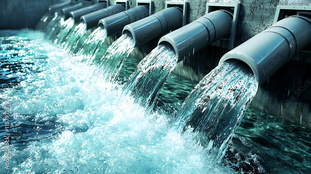 Water flows from pipes into reservoir, showcasing hydropower in action ...
