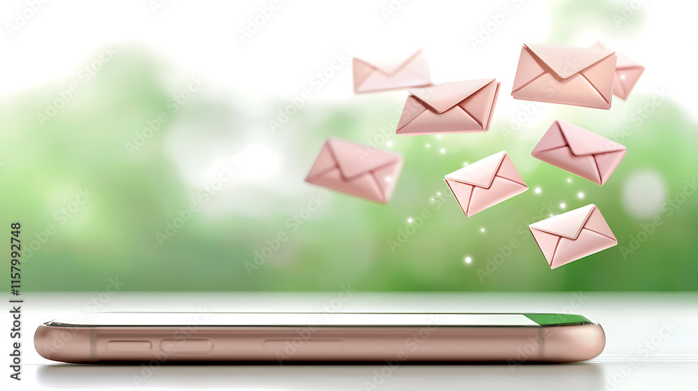Mobile phone with floating pink envelopes representing notifications ...