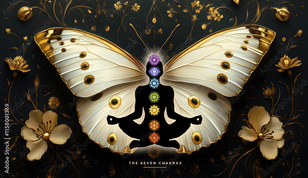 Yoga lotus pose, meditation. 7 chakras symbols, in the background a ...