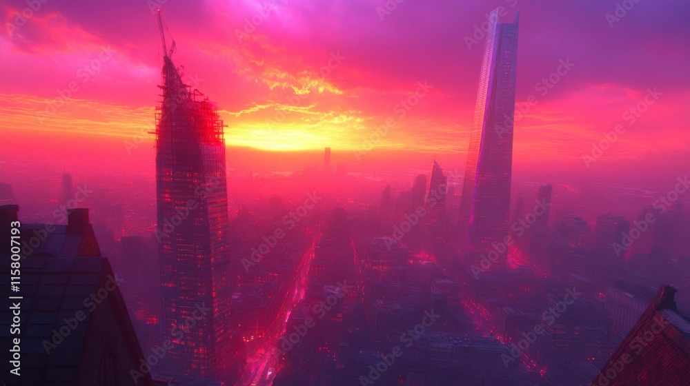 A CGI illustration of skyscrapers under construction, with detailed ...