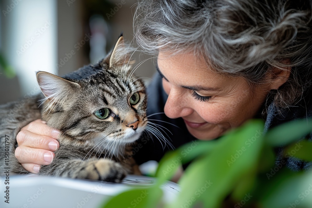 Intimate moment shared between a woman and her beloved tabby cat in a ...