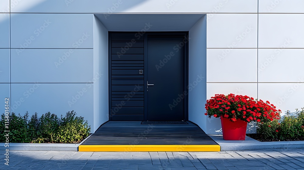 Contemporary building entrance featuring white walls, black metal door ...