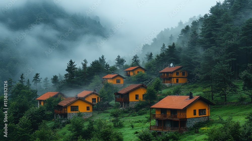 view of high plateau village in fog creating beautiful nature scene the ...