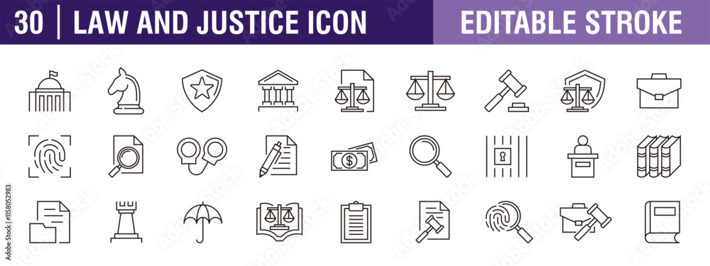 Collection of justice icons. Law, firm, criminal, court. Vector design ...