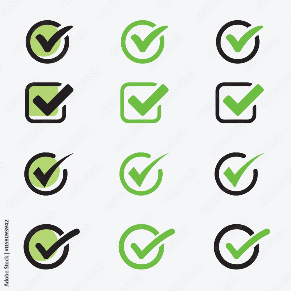 check box icon with correct, accept checkmark icons green tick box, check list circle frame ...