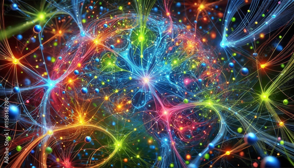 Colorful abstract neural network with glowing blue and green nodes, complex connections of brain ...