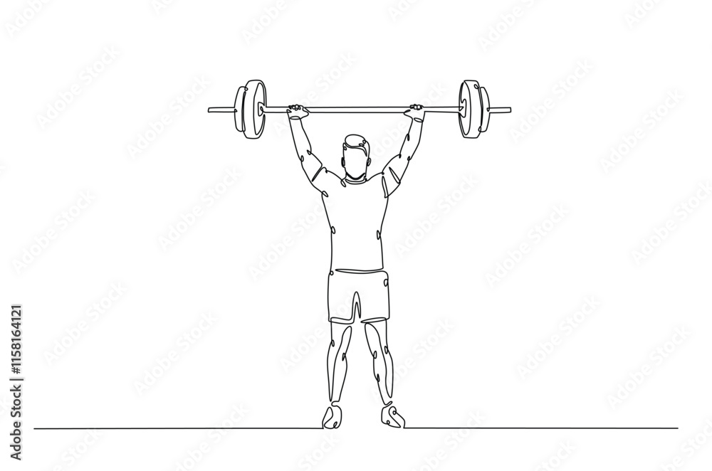 Man doing exercise with a heavy weight bar in continuous one line ...