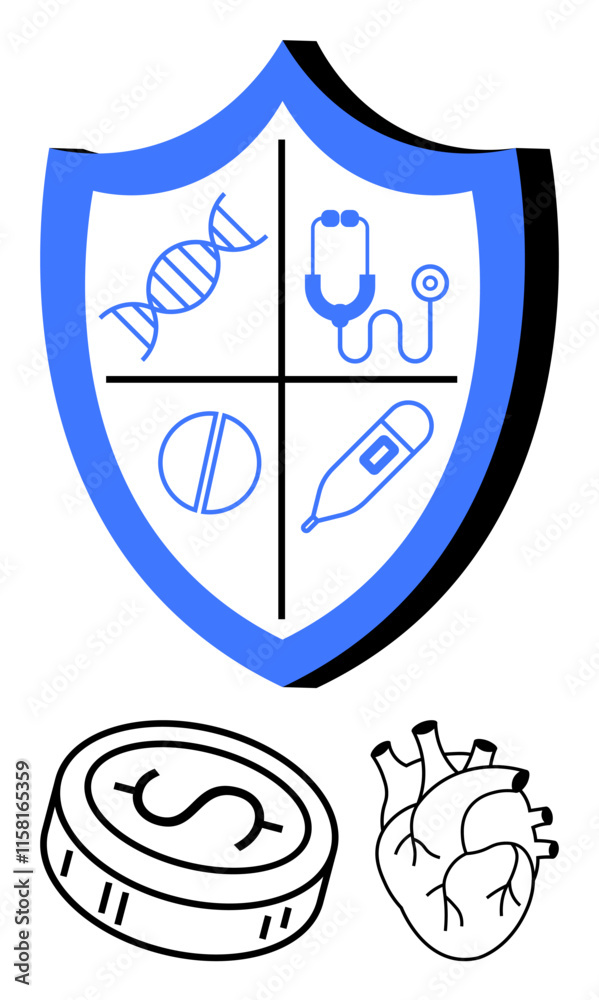Blue shield divided into quadrants with DNA helix, stethoscope, pill ...