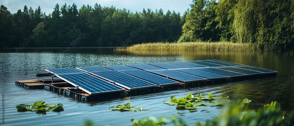 Large floating solar panels on a serene lake, representing renewable energy and sustainable ...