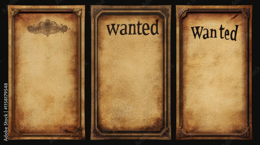 Western "wanted" posters offering rewards for criminals, blank photo ...