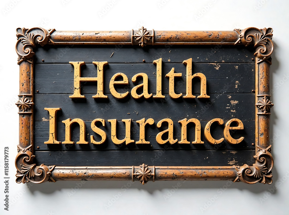 health insurance lettering on medieval ancient sign wooden board on ...