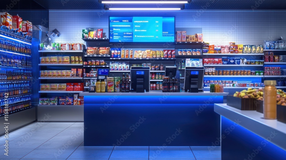 A modern convenience store interior with snacks, drinks, and checkout ...