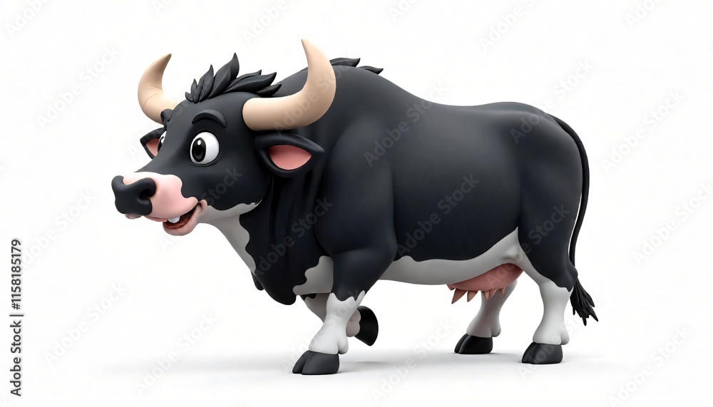 Cartoon Bull 3D Render Farm Animal Cute Cow Black and White Dairy ...