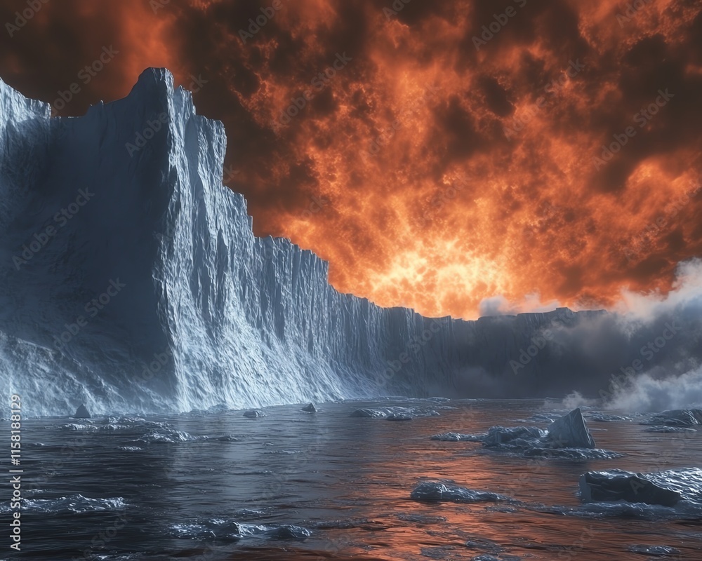 Global warming concept with melting glaciers, rising sea levels, and ...