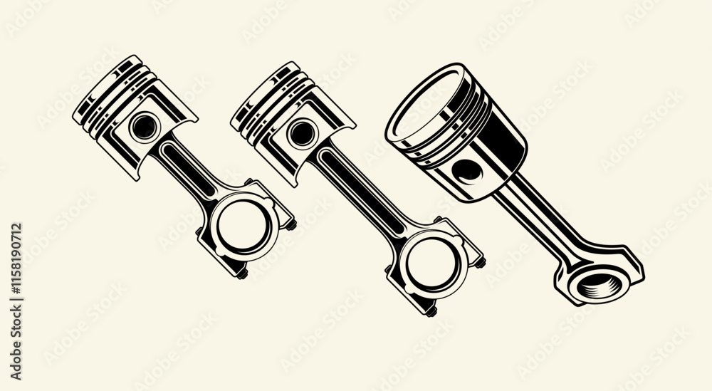three pistons monochrome style vector illustration isolated on cream background. Design element ...