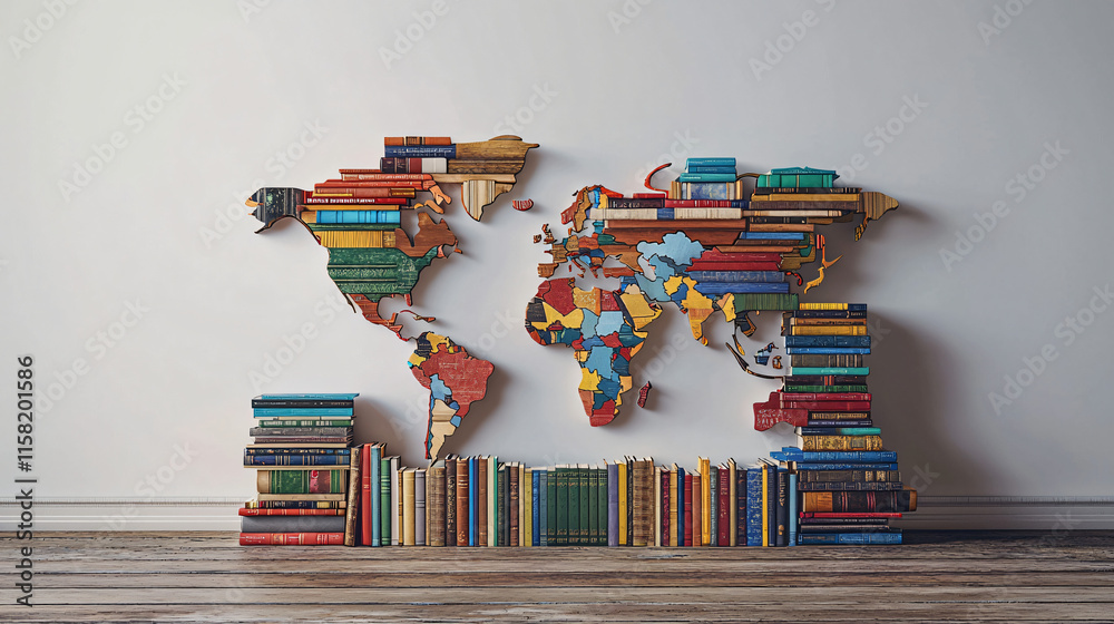 stack of books forming world map shape, clean white background Stock ...