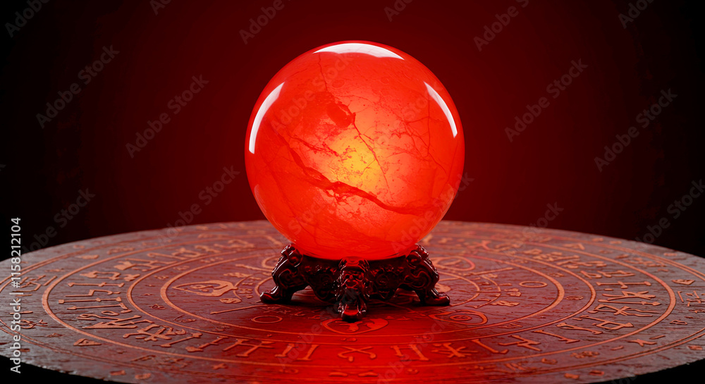 Crystal ball emitting an ethereal glow, placed on an ancient wooden ...