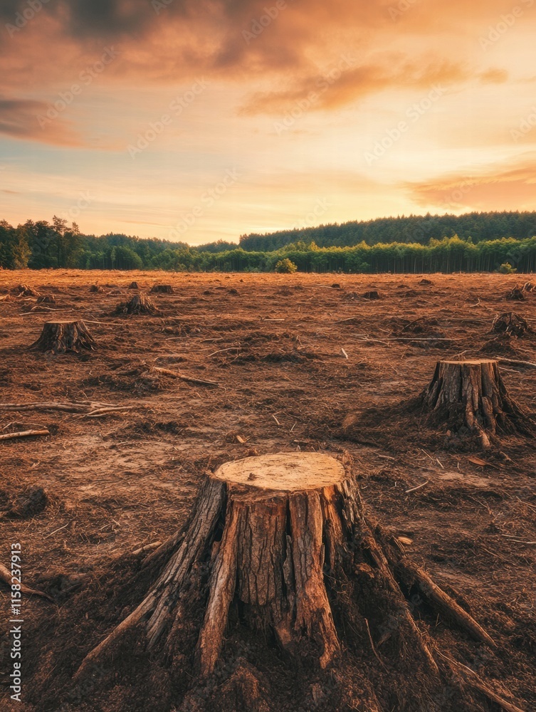 Deforestation in a once lush landscape with tree stumps visible under a ...