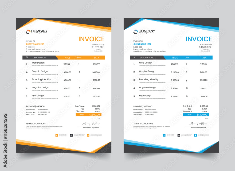 Corporate Business Invoice design template. Bill form price invoice ...