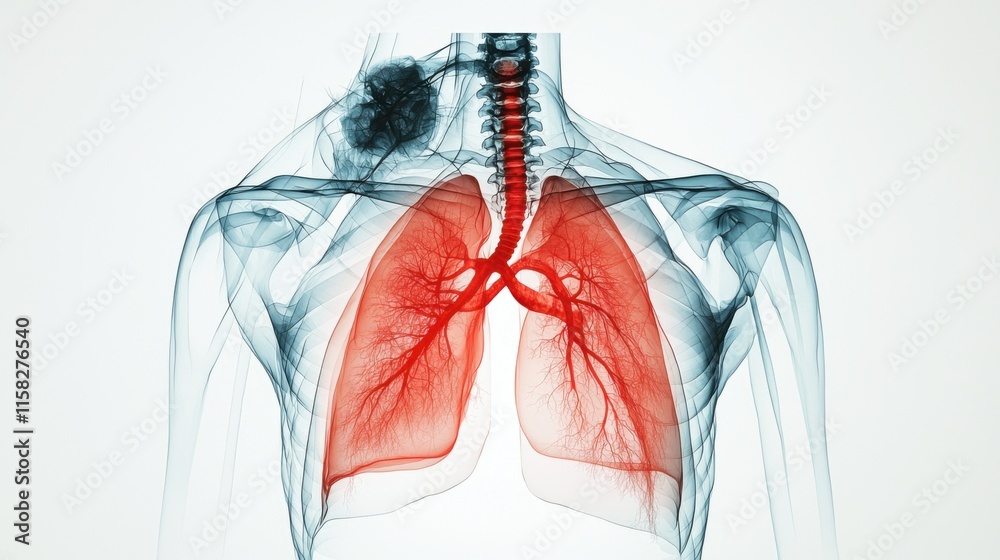 Detailed X-Ray of Human Chest Showing Lungs in Red - Pathway of Airflow ...