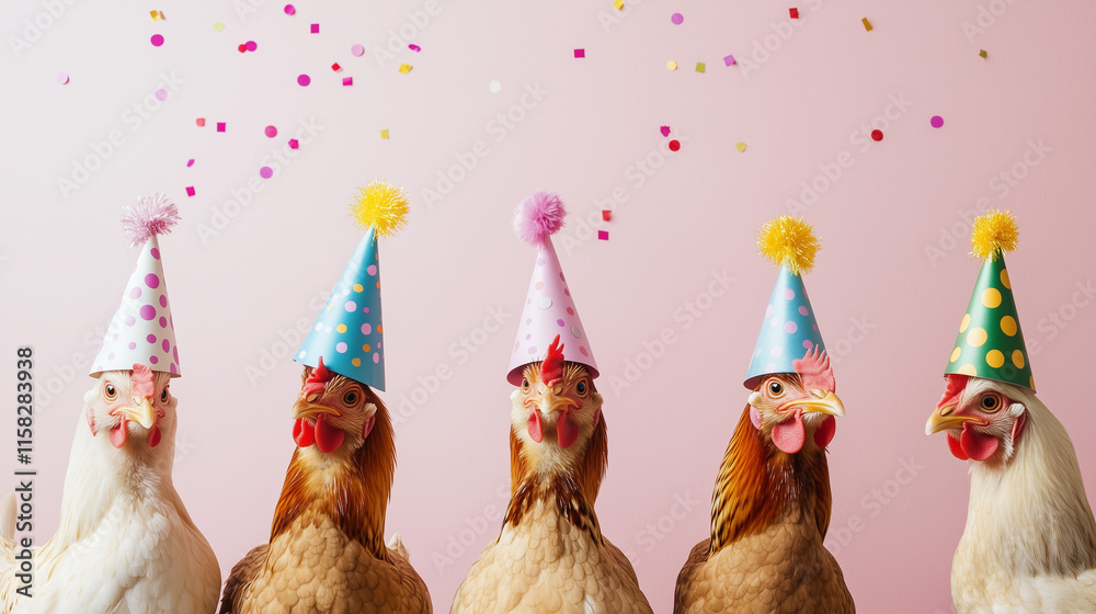 Chickens in colorful party hats celebrating with joy and laughter ...