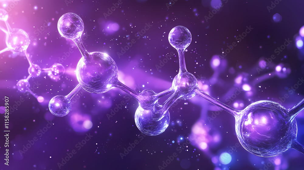 Purple and blue molecules floating in an invisible gas on a dark ...