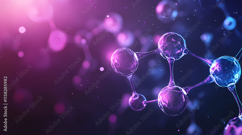 Purple and blue molecules floating in an invisible gas on a dark ...