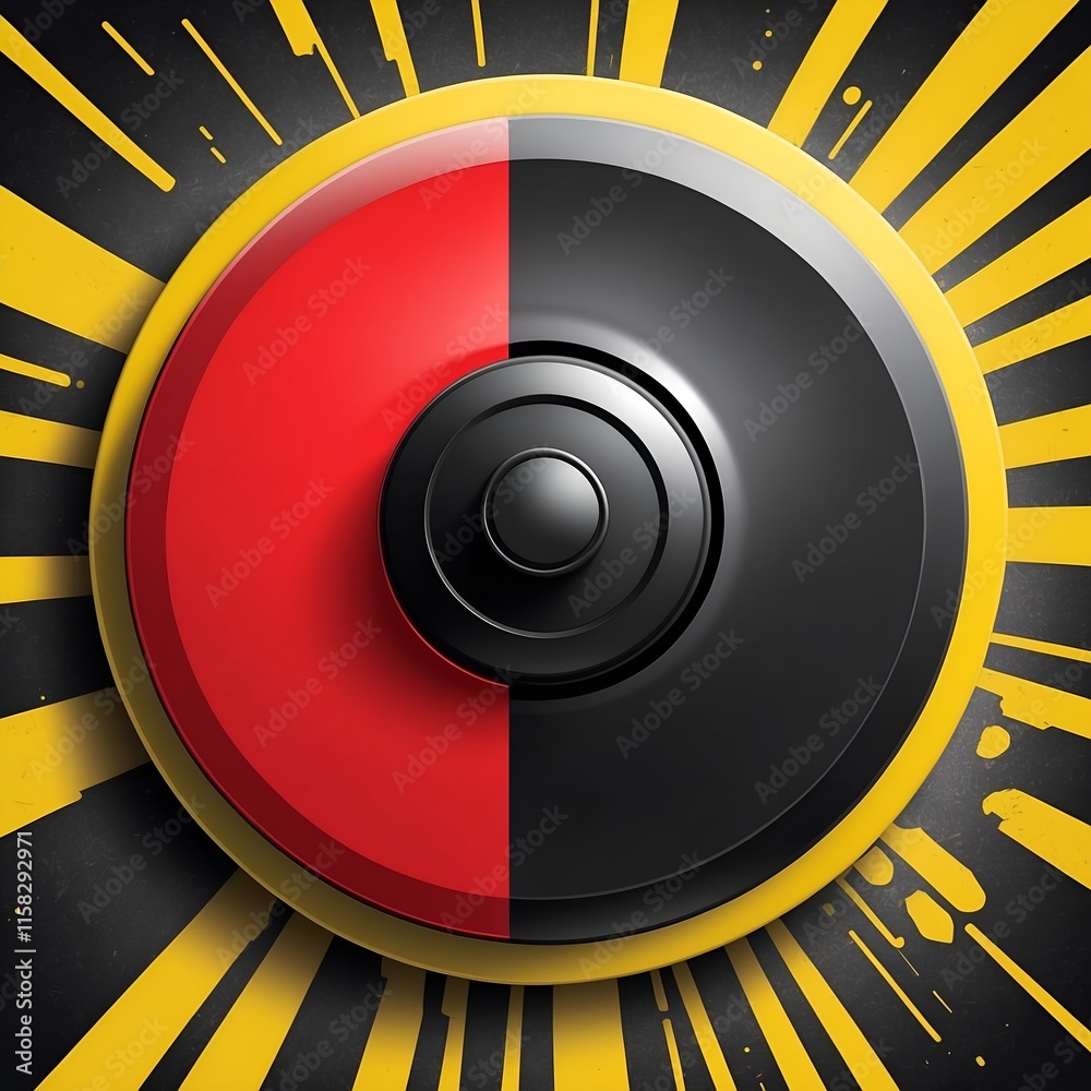 An illustration of a big red emergency button with black and yellow ...