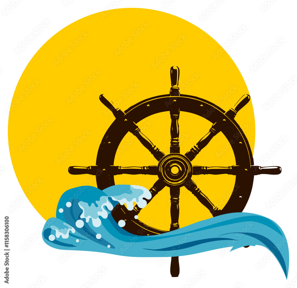 Vector sailing sign art of wooden steering wheel with water waves and ...