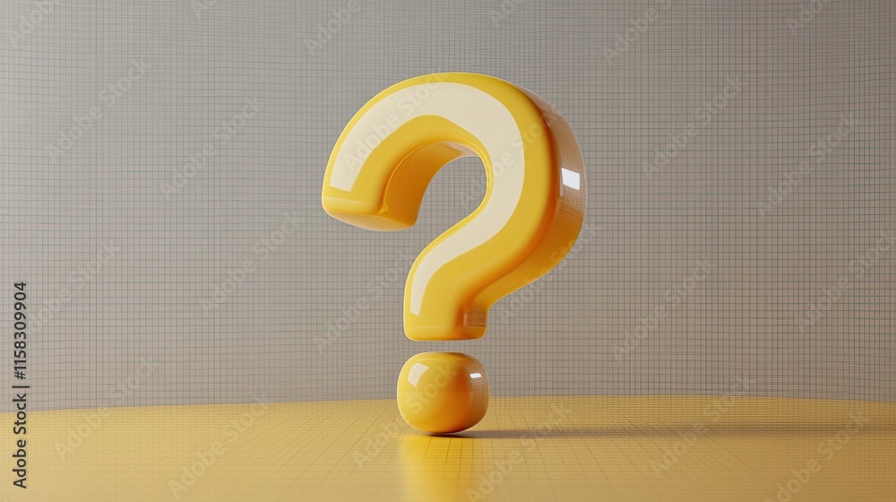 Yellow question mark symbol in a 3D render on a transparent background ...