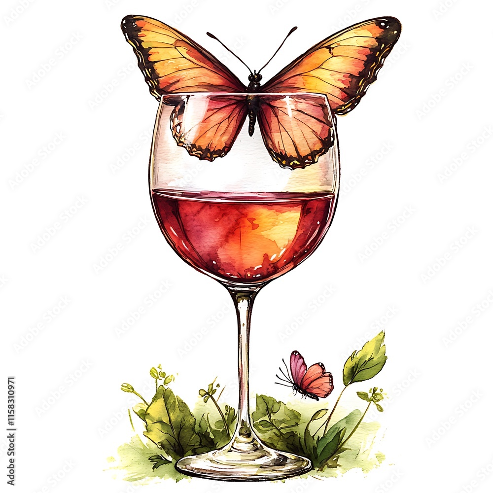 Watercolor painting of a glass of rosé wine with a large orange ...