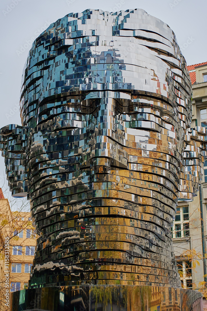Rotating head of Franc Kafka, art installation in Prague. Metal ...