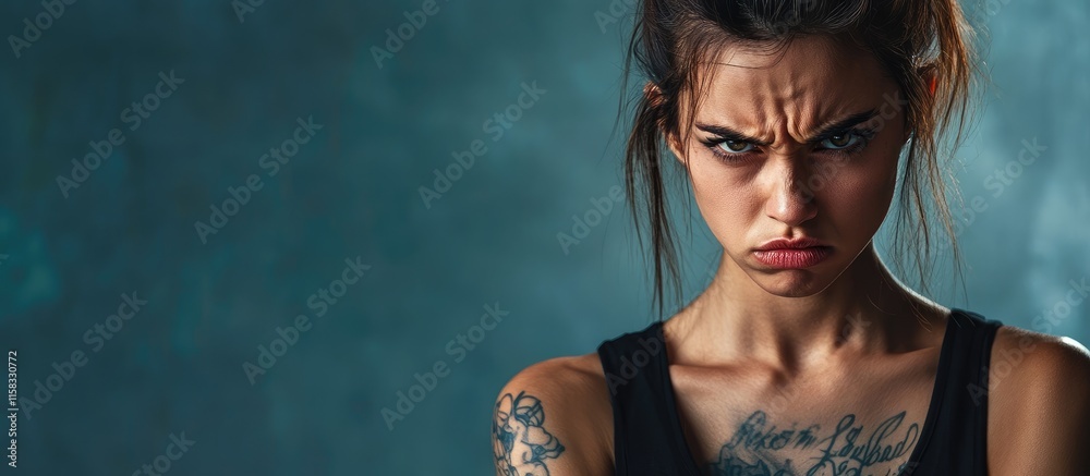 Portrait of a stern girl with a visible tattoo expressing anger against ...