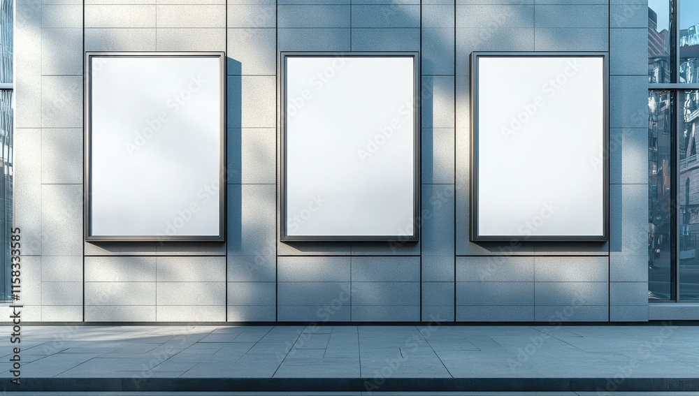 Cityscape Billboard Mockup: Three blank billboards on a modern building facade offer a dynamic ...