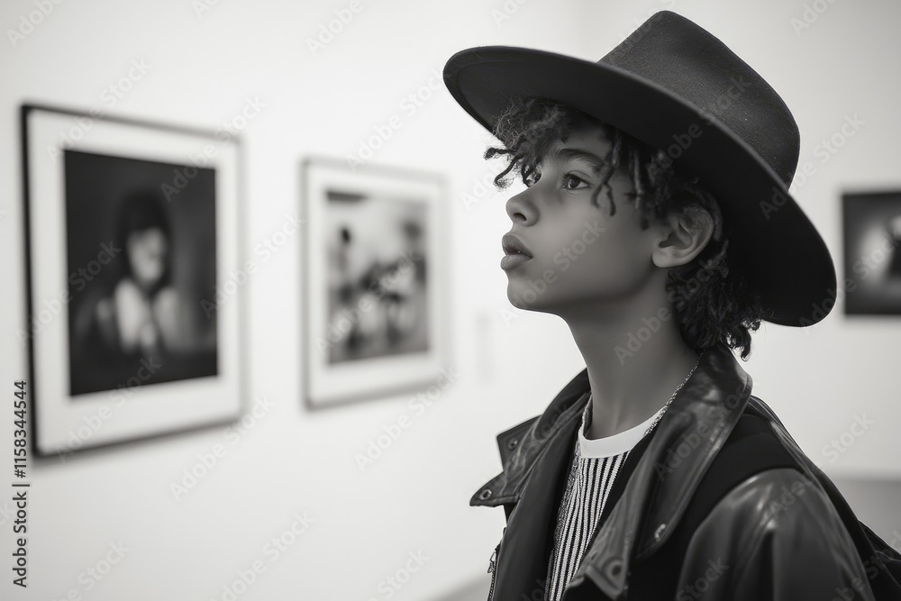 Gen Z boy at a contemporary photography exhibit, admiring black-and ...