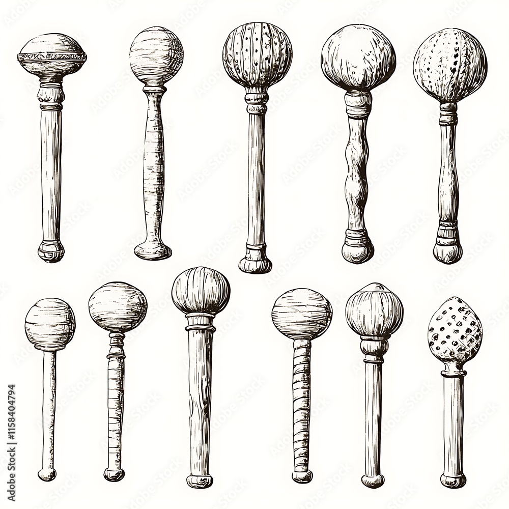Collection of twelve hand-drawn illustrations of antique wooden knobs ...