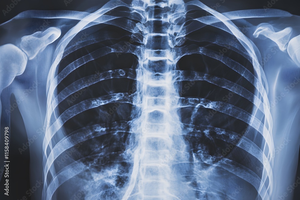 Radiography image revealing human chest anatomy, including lungs, ribs ...