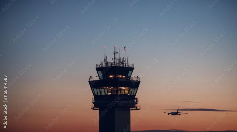 Air traffic control tower overseeing a bustling airport, ensuring safe ...