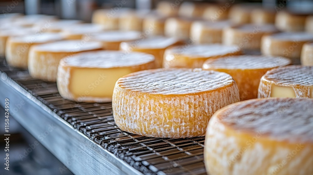 Handmade Cheese Rounds on a Metal Rack in a Creamery, Showcasing the ...