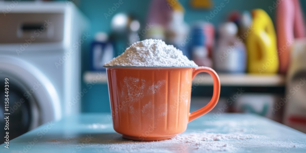 Measuring cup filled with washing powder, showcasing the vibrant ...
