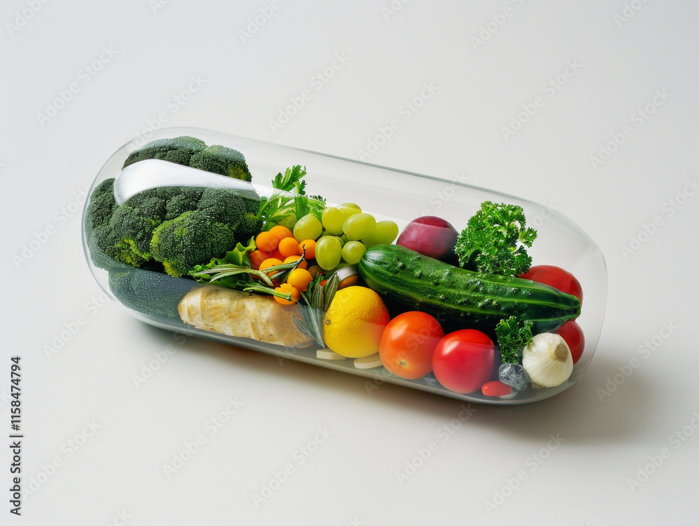 Transparent capsules with vegetables and fruits close-up on a gray ...