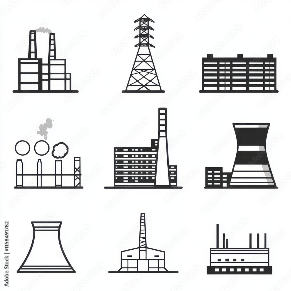 A collection of industrial icons including factories, power lines, and ...