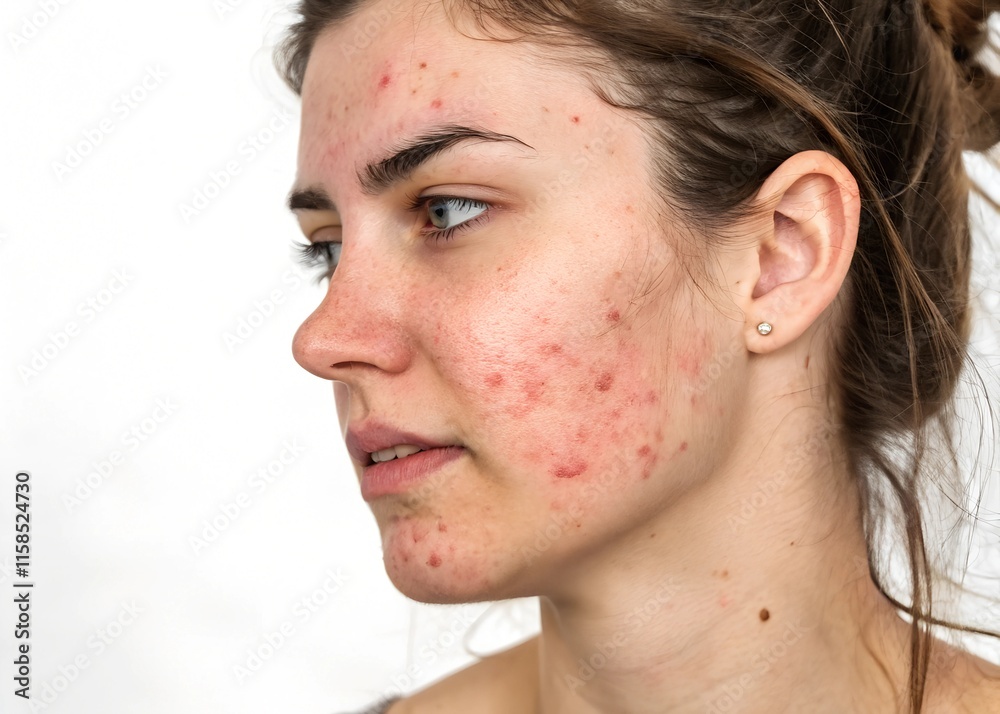acne on woman face with rash skin, scar, and red skin syndrome allergic ...