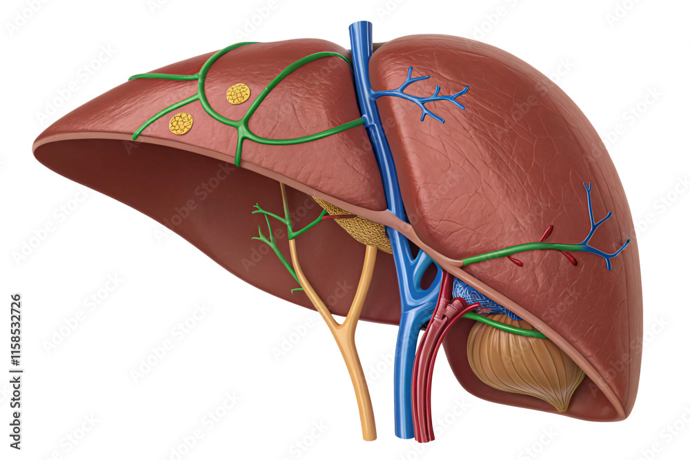 A detailed liver diagram with vibrant veins, arteries, and bile ducts ...