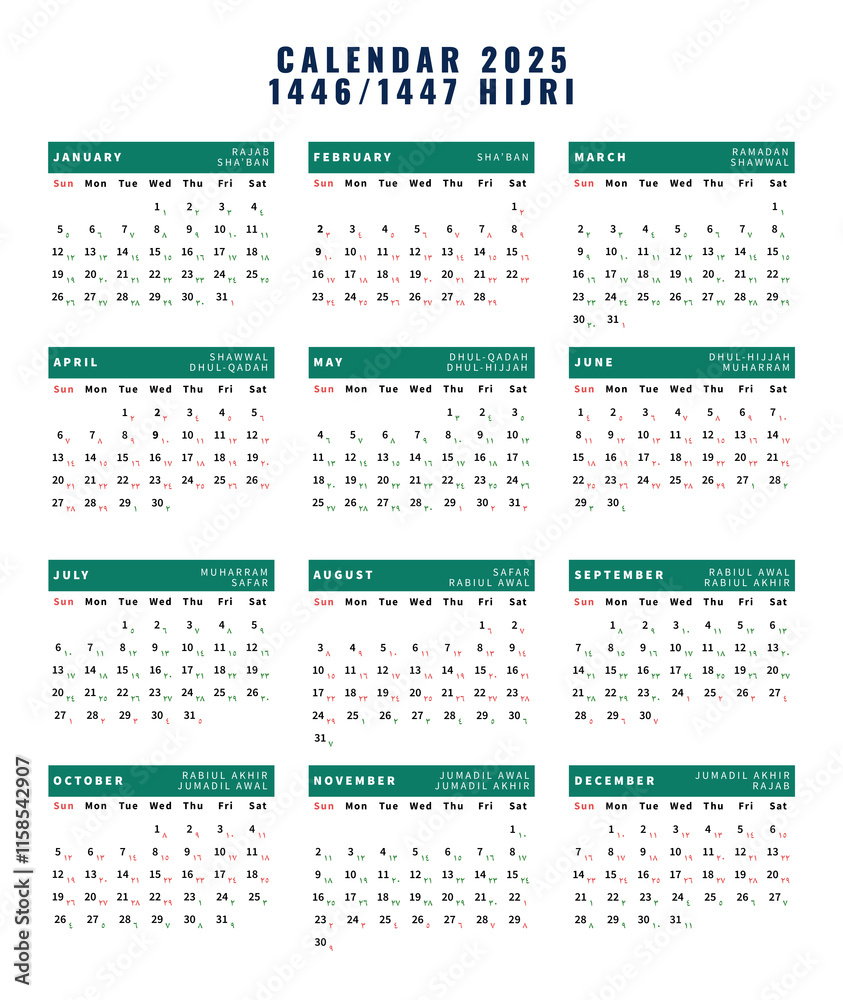 2025 Gregoria Calendar, Hijri 1446 1447 Calendar Template Vector ...