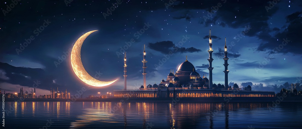 Crescent moon and mosque illuminated under a starlit night sky for ...